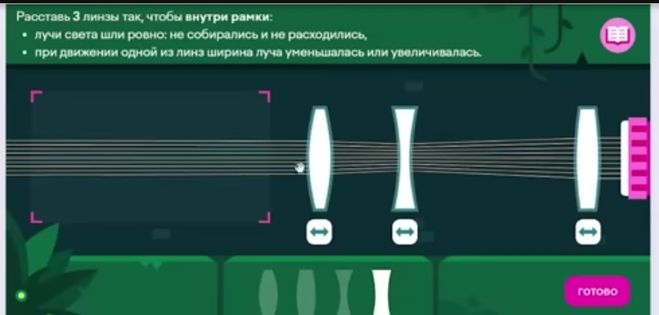 Как расставить 3 линзы так, чтобы внутри рамки лучи света шли ровно (см)?